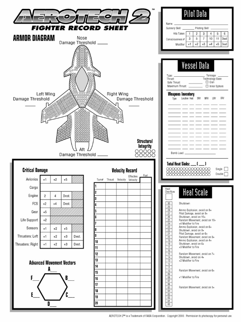BattleTech - Aerotech 2 Fighter - Record Sheet - FASA | PDF
