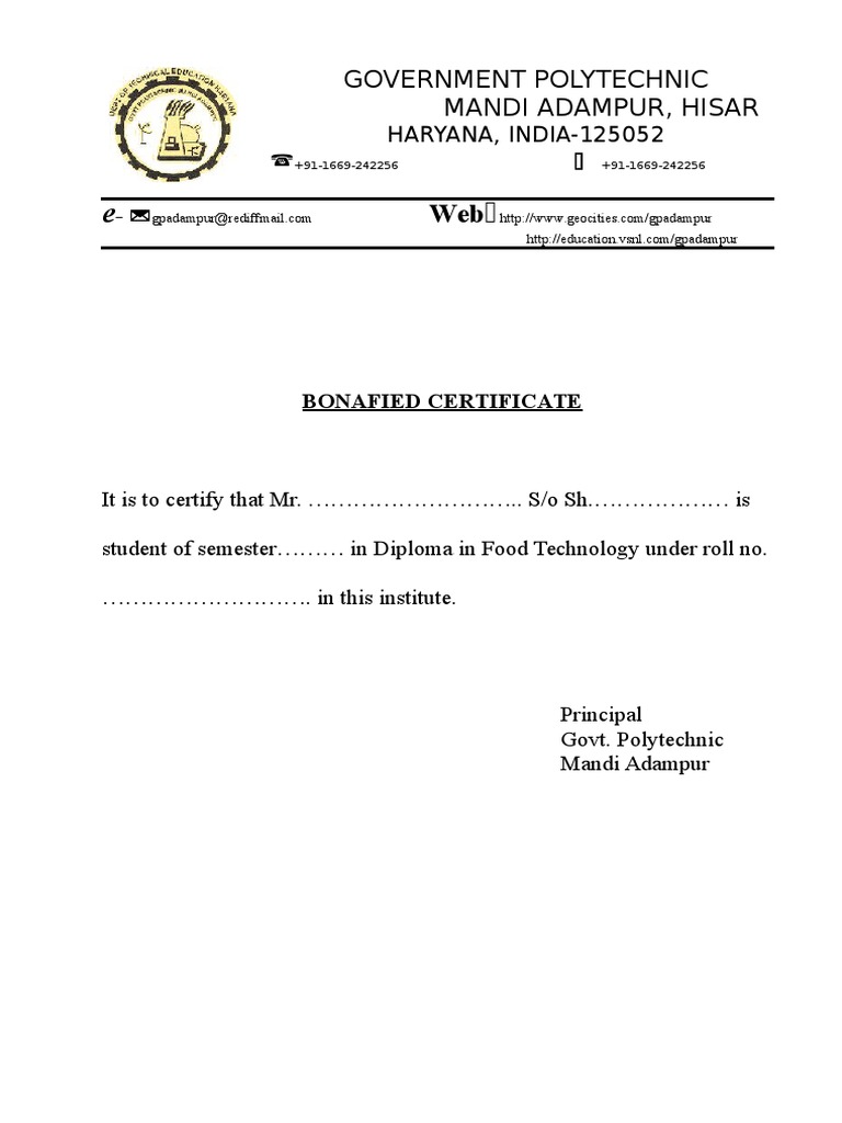 Bonafide Certificate - Mandi Adampur Polytechnic | PDF | Business