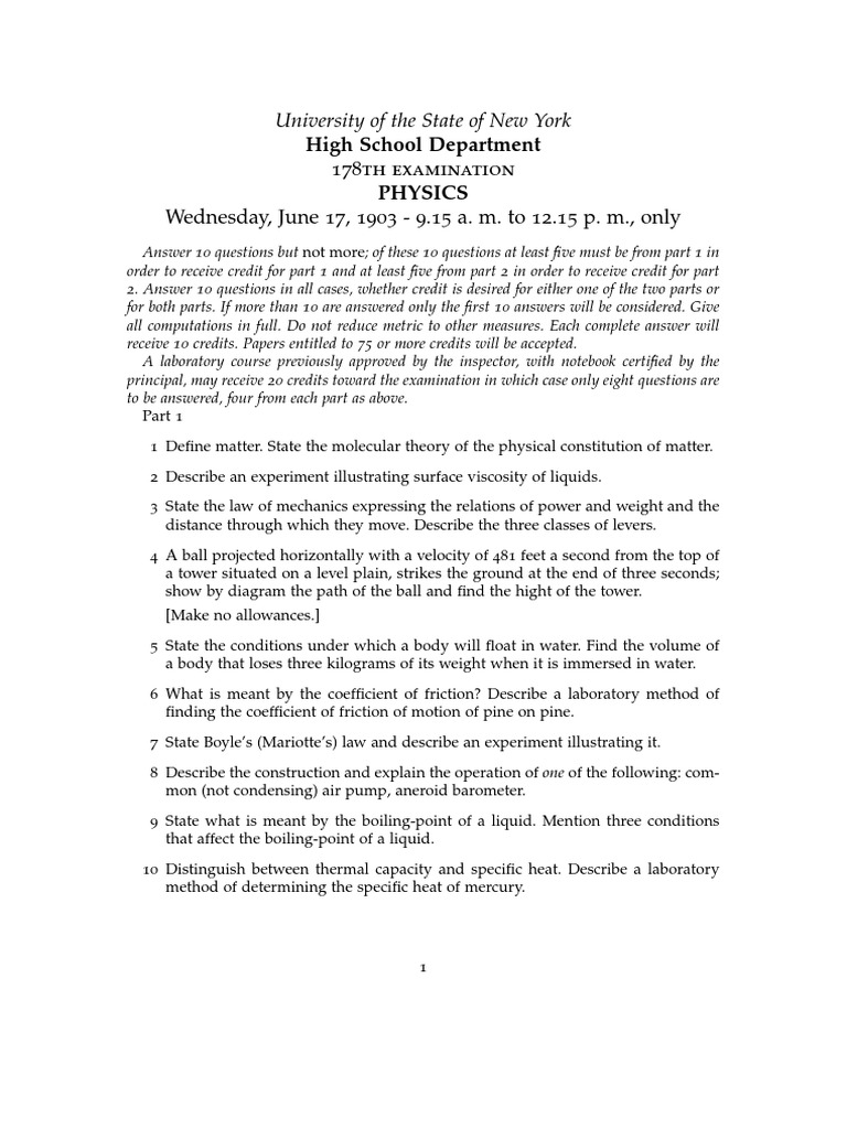 New York State Physics Regents Exam, 1903, The 178th Examination | PDF ...