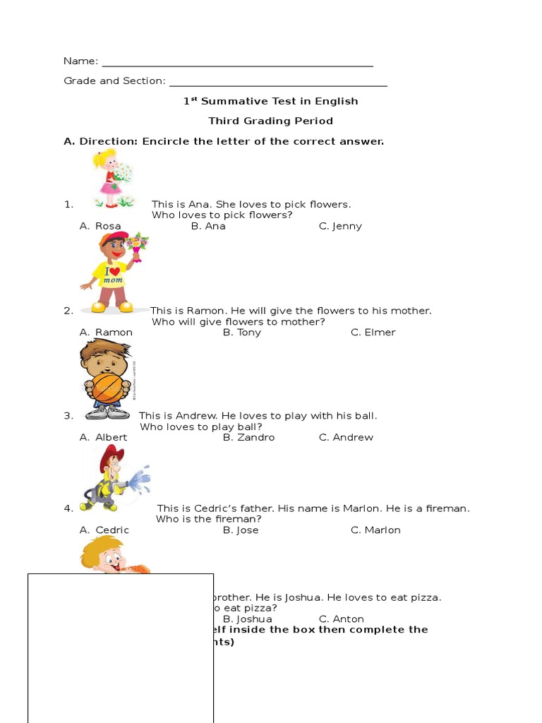 1st Summative English Test - Grade 3 | PDF | Wellness