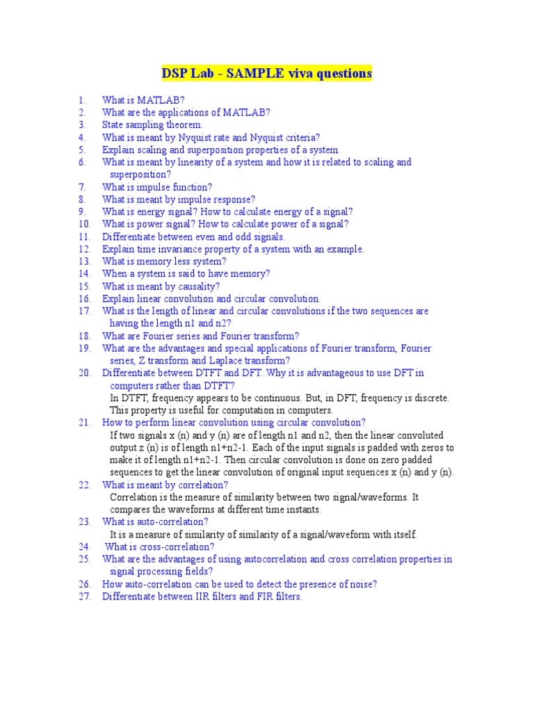 DSP Lab Sample Viva Questions | PDF | Digital Signal Processor ...
