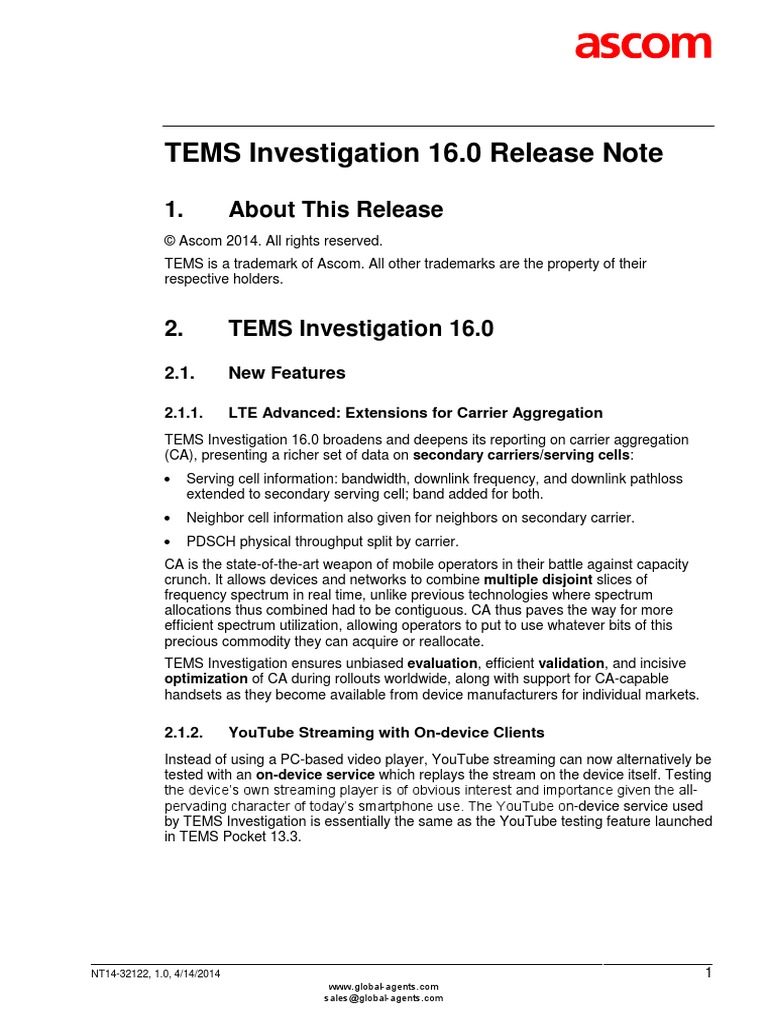 TEMS Investigation 16.0 Release Note | PDF | Transmission Control Protocol | Lte (Telecommunication)