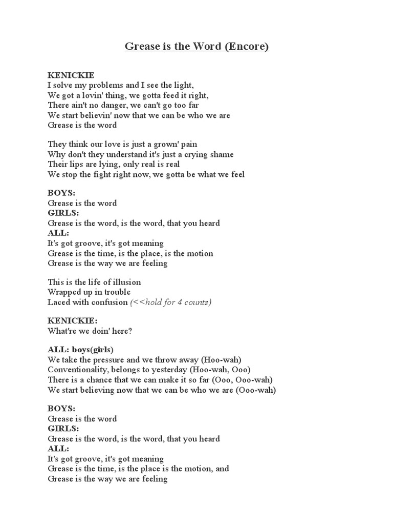 Grease is the Word: Song Lyrics | PDF | Self-Improvement