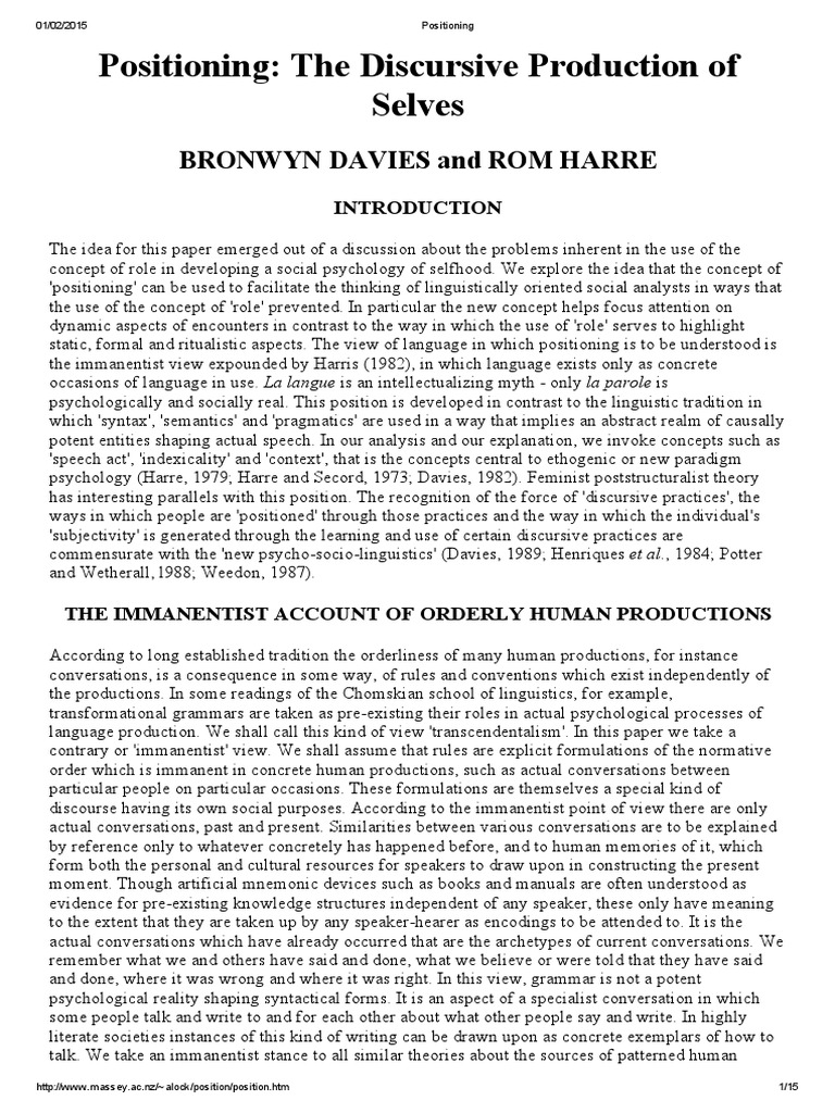 Davies, Harre - Positioning - The Discursive Production of Selves | PDF | Narrative | Discourse