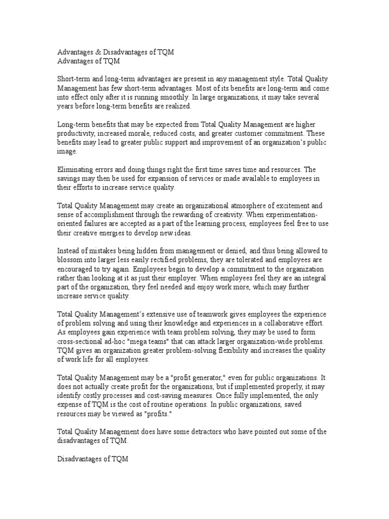 Advantages and Disadvantages of TQM | Goal | Quality Management