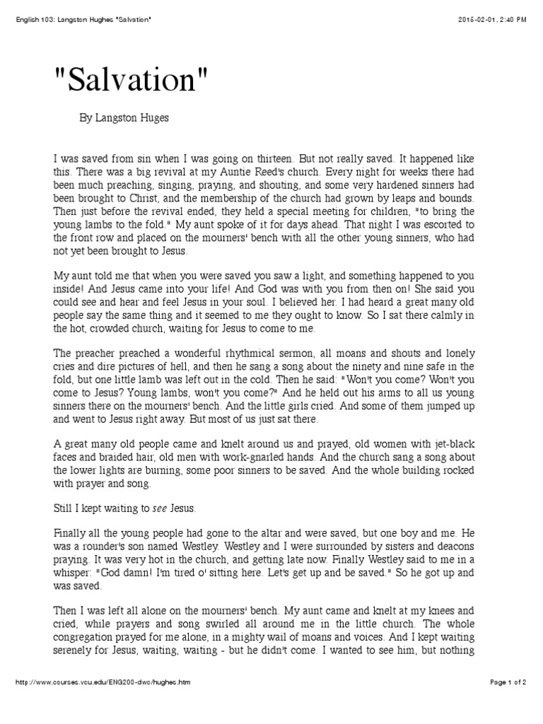 Salvation by Langston Hughes - Narrative Essay | PDF | Sermon | Lamb Of God