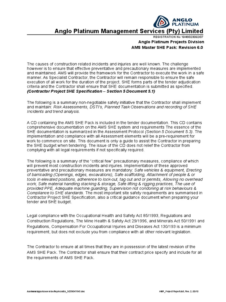 Contractor Project SHE Specifications - Cover Letter | PDF | General ...