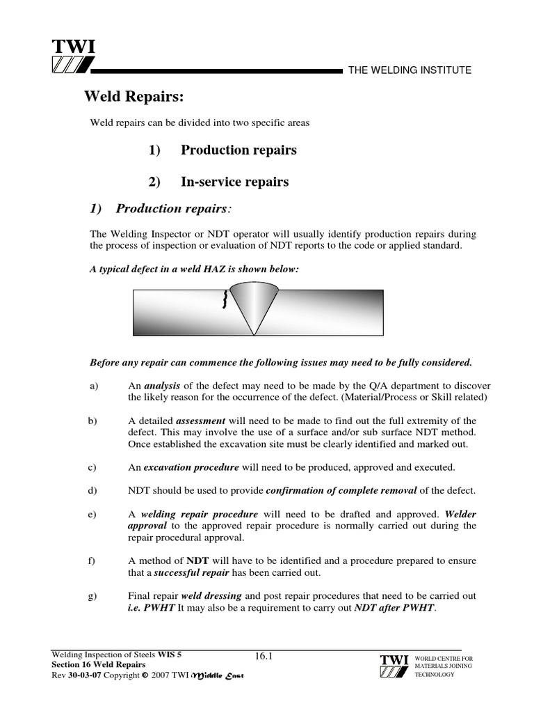 Weld Repairs:: 1) Production Repairs 2) In-Service Repairs | Download ...