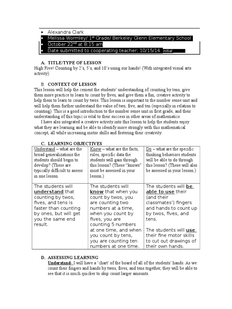 High Five Lesson Plan Math Art Integrated | PDF | Understanding ...