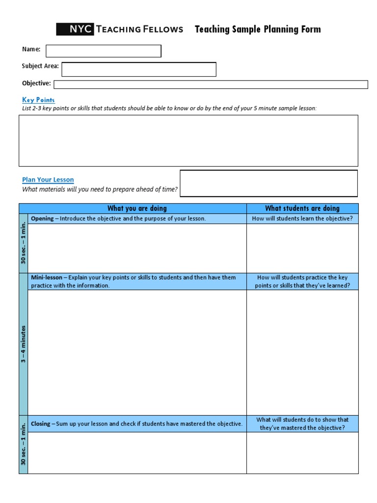 Teaching Sample Planning Form: What You Are Doing What Students Are ...