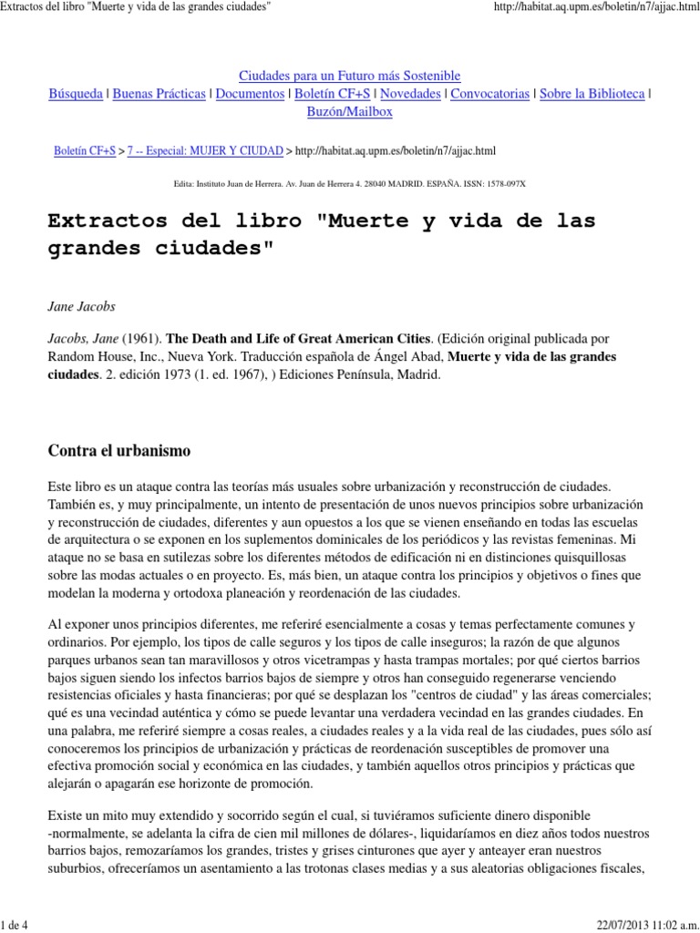 Extractos Del Libro Muerte y Vida de Las Grandes Ciudades Jane Jacobs ...