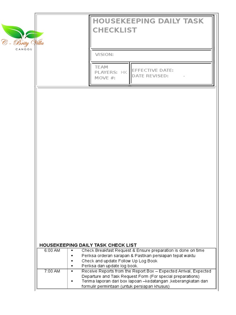 Housekeeping Daily Task Checklist: Vision: Team Players: HK Move ...