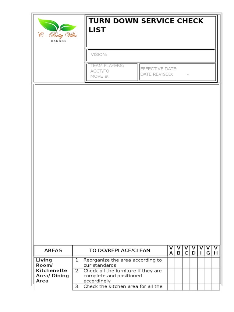 Turn Down Service Check List | PDF