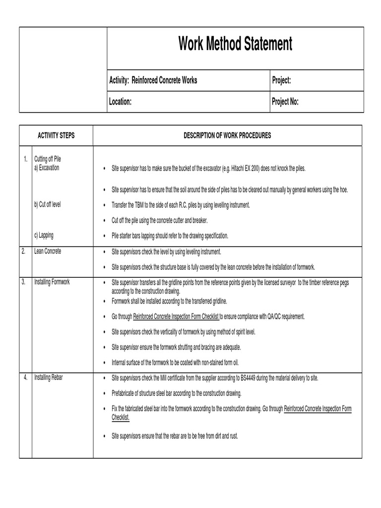 Method Statement for RC Works | Deep Foundation | Concrete