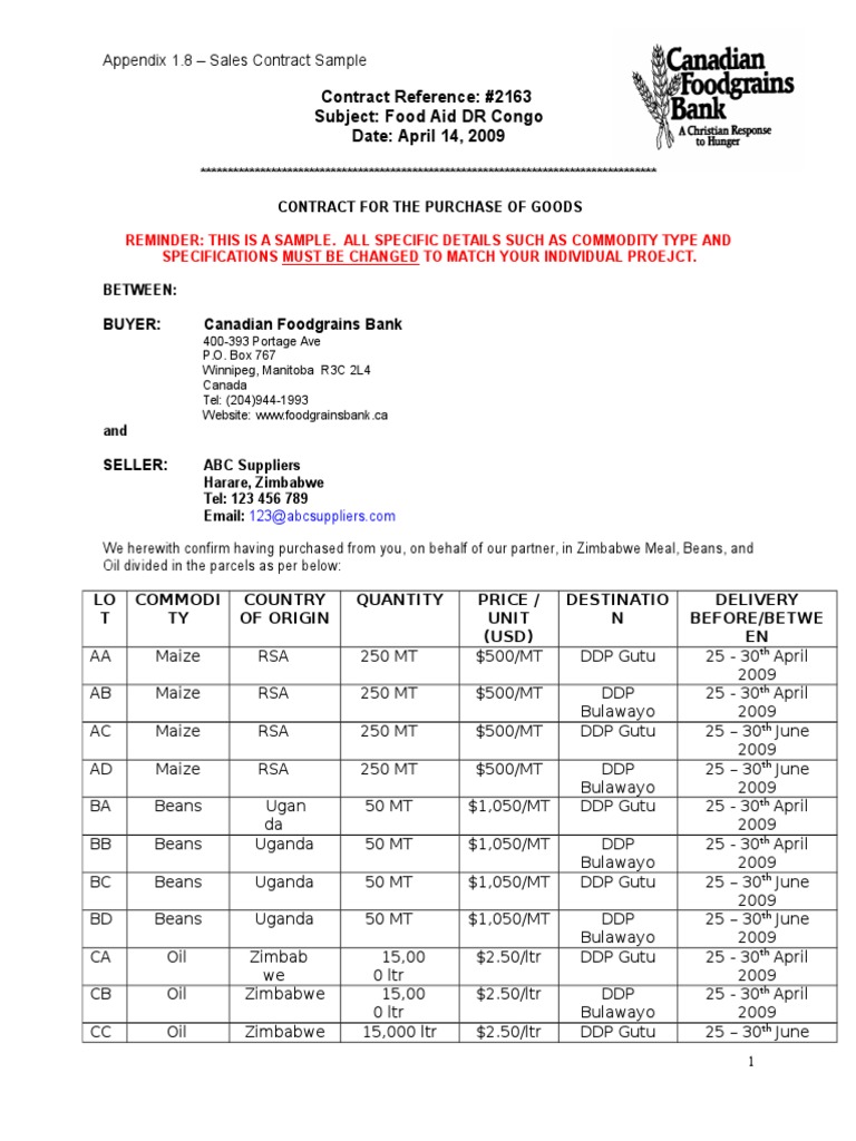 Appendix 1.8 - Sample Sales Contract | PDF | Invoice | Arbitration