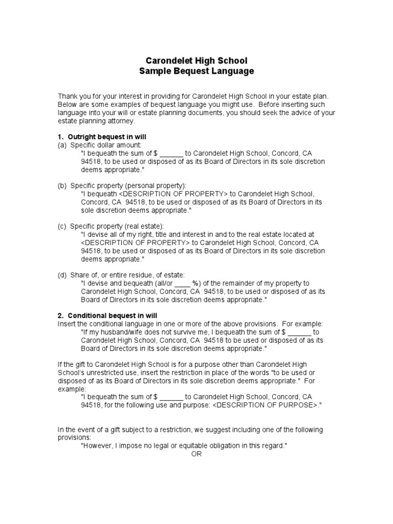 Carondelet High School Sample Bequest Language | PDF | Board Of ...