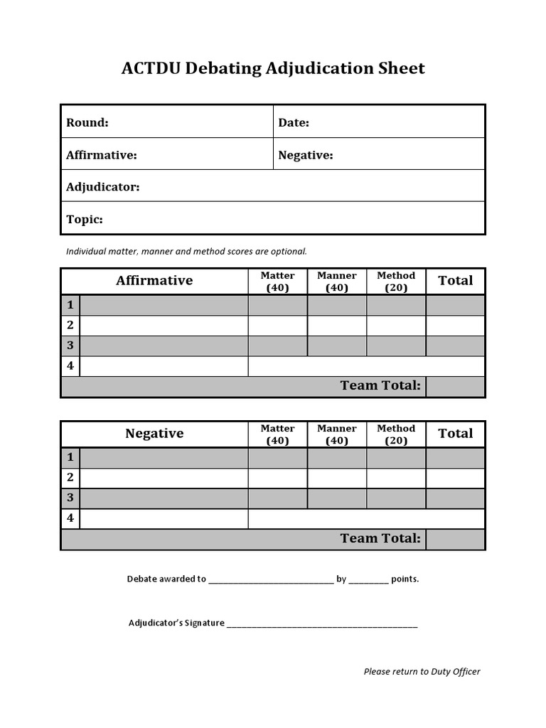 ACTDU Debating Adjudication Sheet: Affirmative Total | PDF