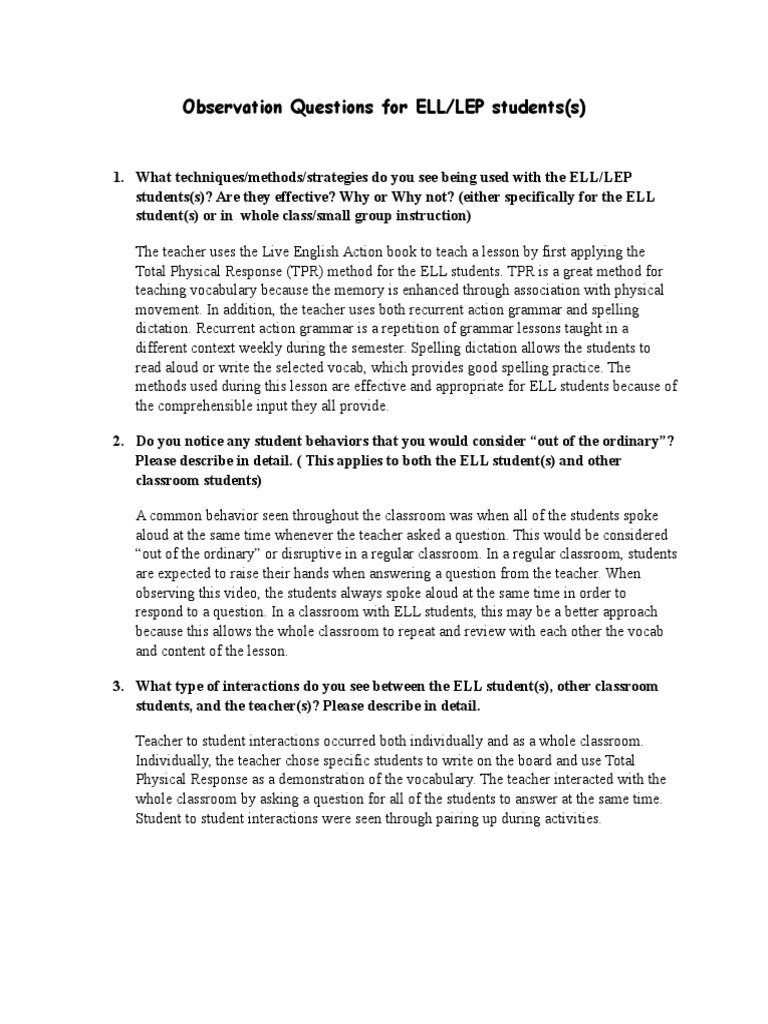ELL Student Observation Techniques | PDF | Classroom | Teachers