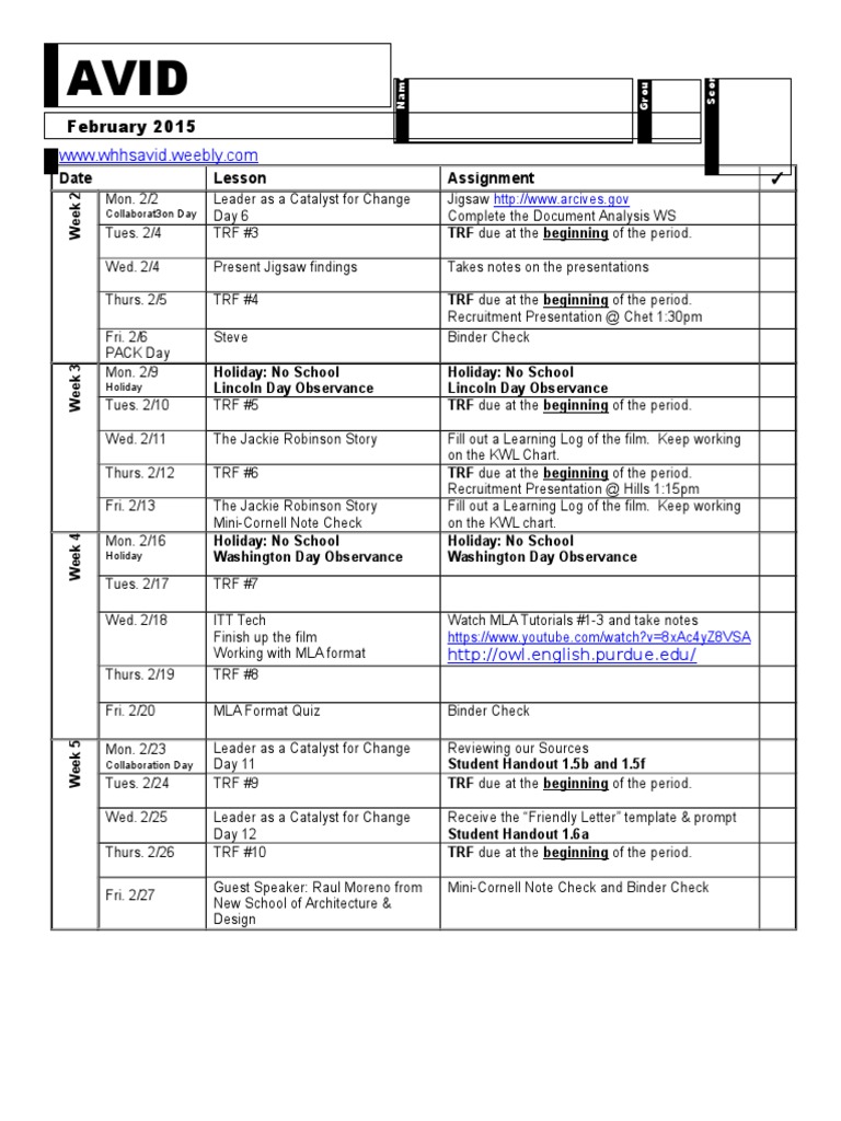 AVID February 2015 Lesson Plan | PDF