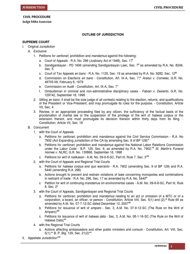 Jurisdiction (Court) - (Outline, Case Digest & Fulltext) | Download Free PDF | Writ | Habeas Corpus
