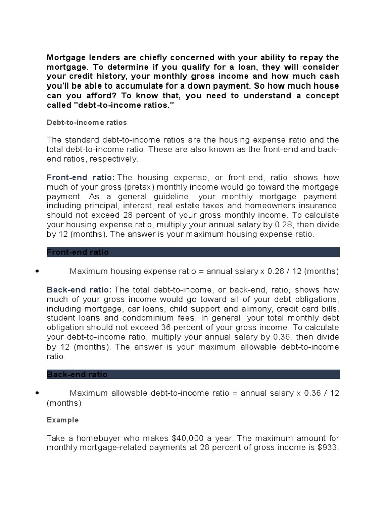 Front-End Ratio:: Debt-To-Income Ratios | PDF | Mortgage Loan ...
