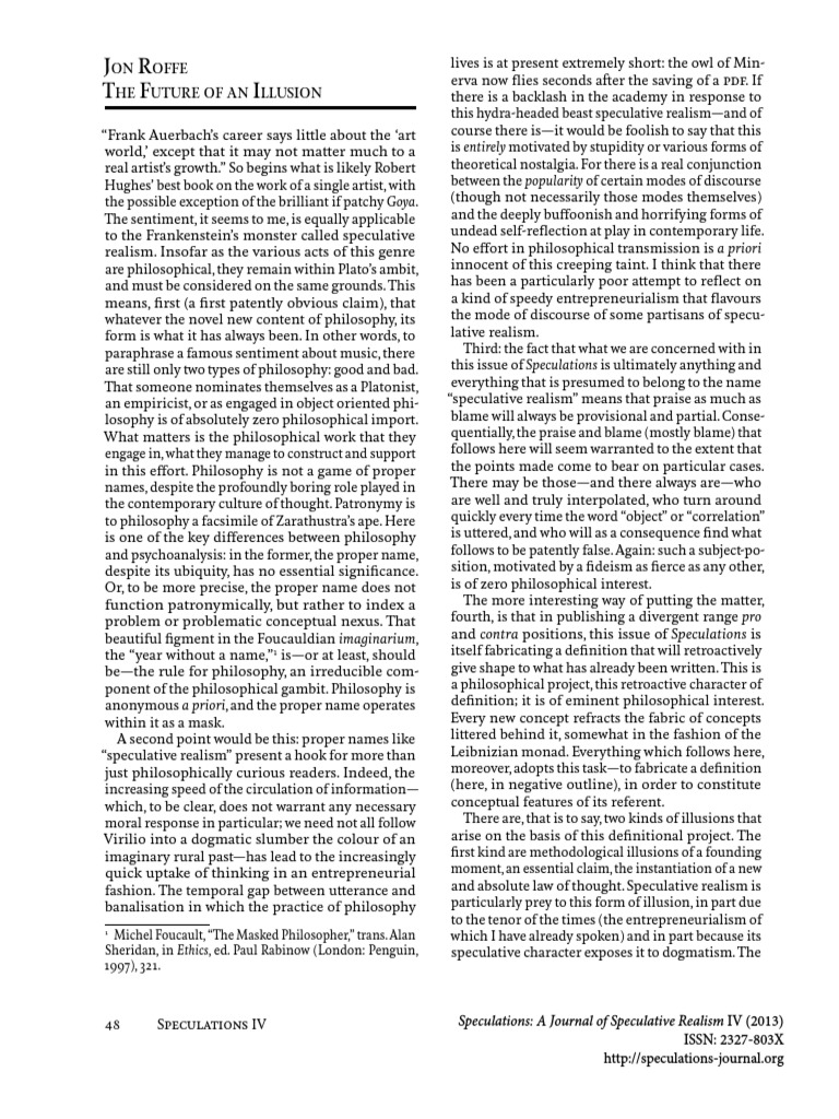 Jon Roffe, 'The Future of An Illusion' (Spectulations) | PDF | David ...