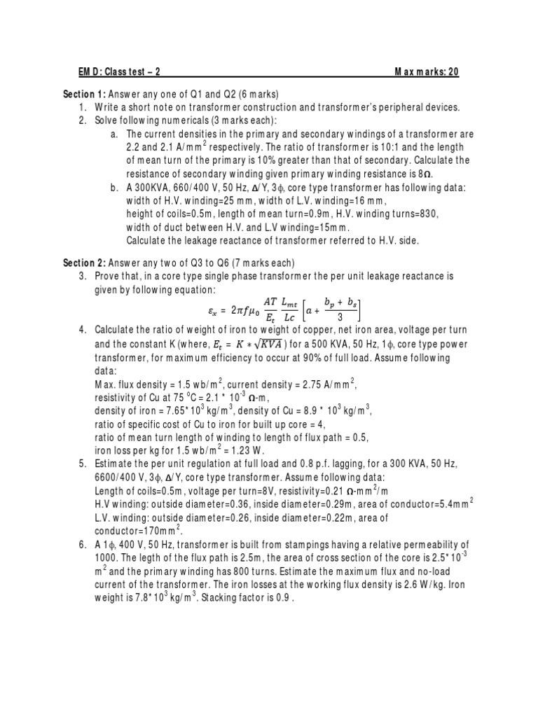EMD Class Test: Transformer Concepts | PDF