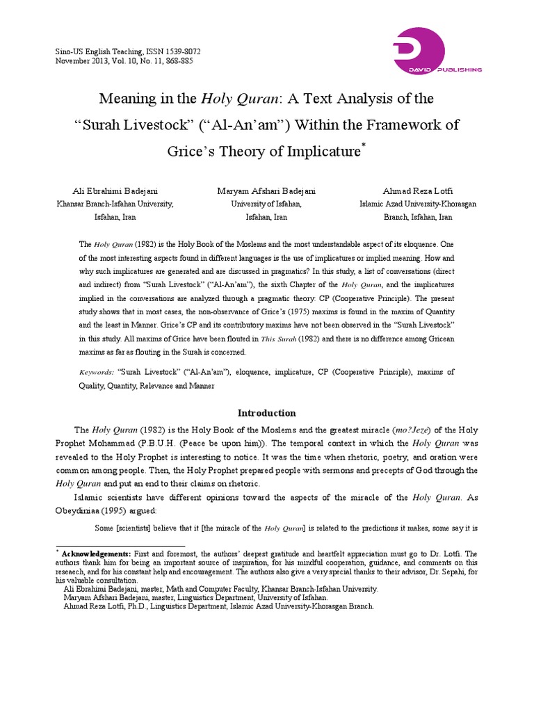Meaning in The Holy Quran - A Text Analysis of The | PDF | Bible | Surah
