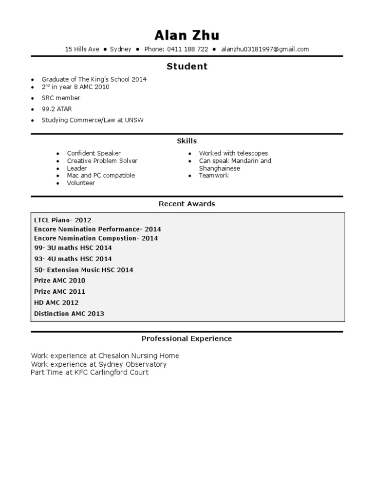 Alan Zhu: Commerce/Law Student Profile | PDF