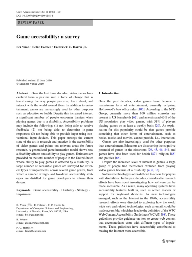 Game Accessibility A Survey | PDF | Accessibility | Virtual World
