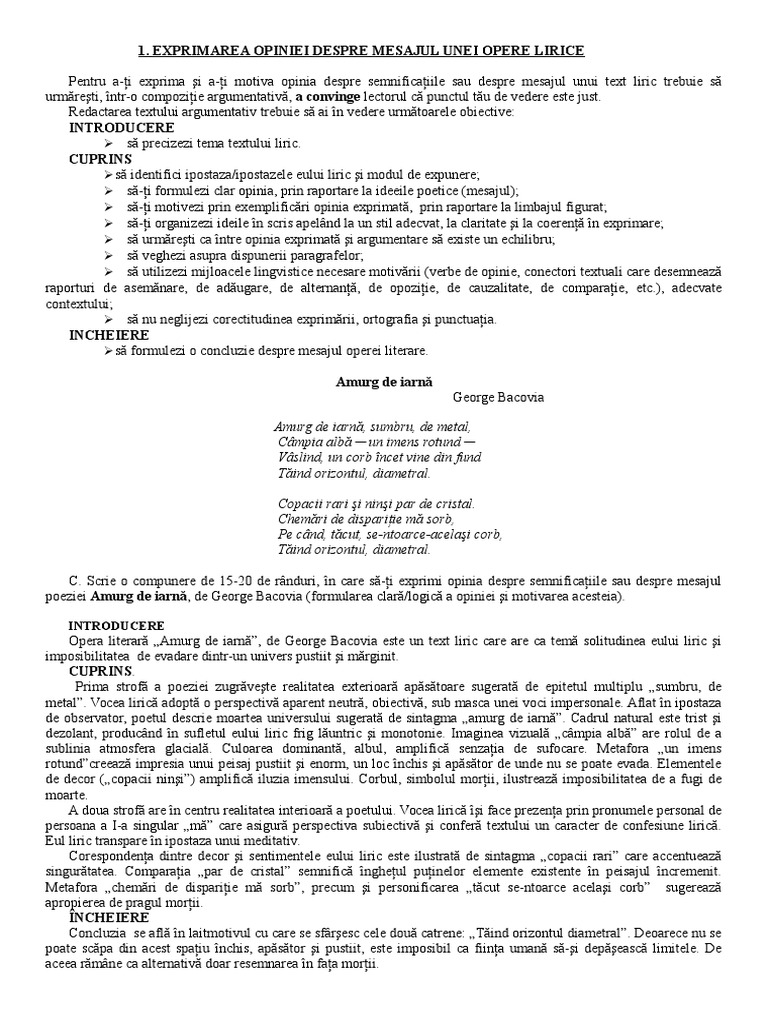 Exprimarea Opiniei Despre Mesajul Unei Opere Lirice