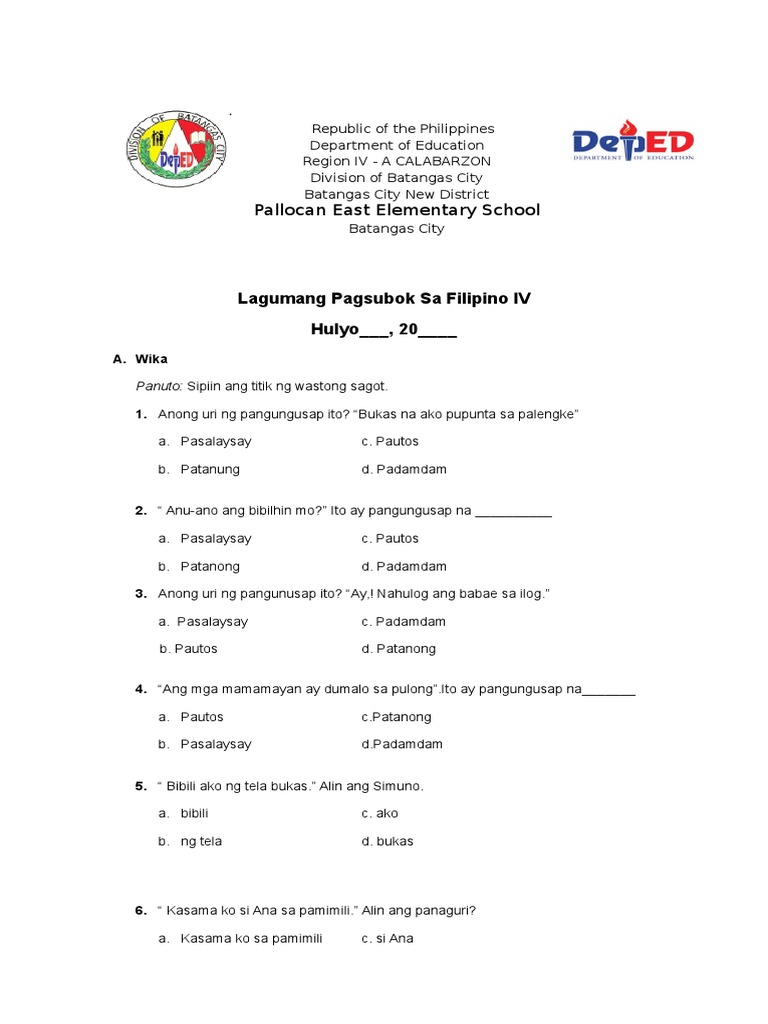 Lagumang Pagsubok Sa Filipino IV | PDF