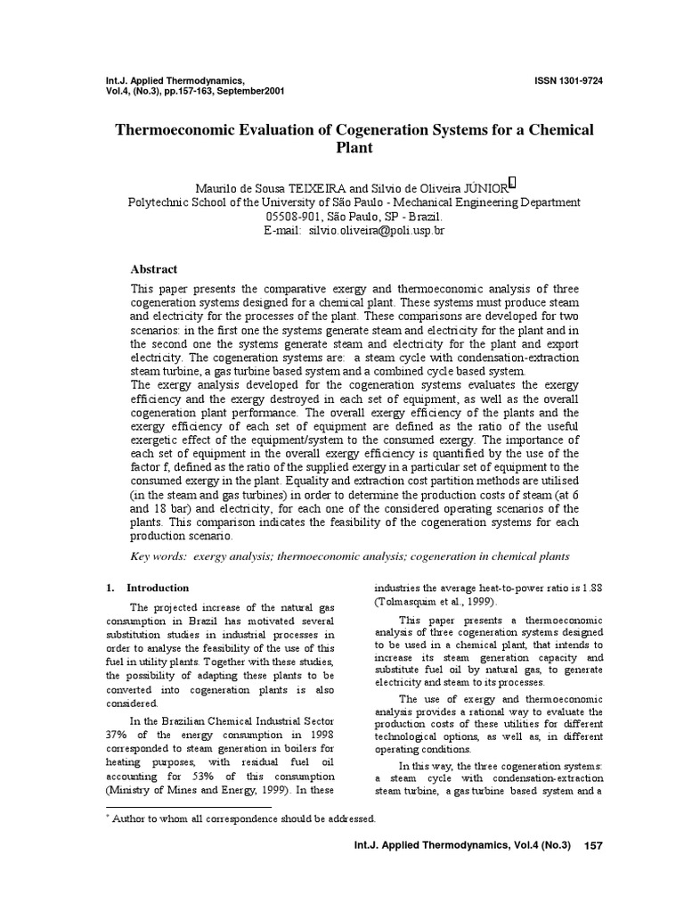 Thermoeconomic Evaluation of Cogeneration Systems For A Chemical Plant ...