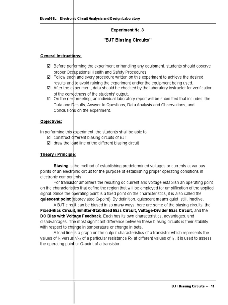 Etron061L - Experiment No. 3 - BJT Biasing Circuits | PDF | Electronic ...