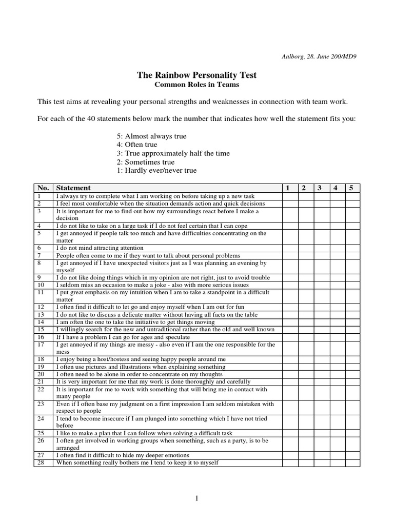 Rainbow Personality Test for Team Roles | PDF | Cognition ...