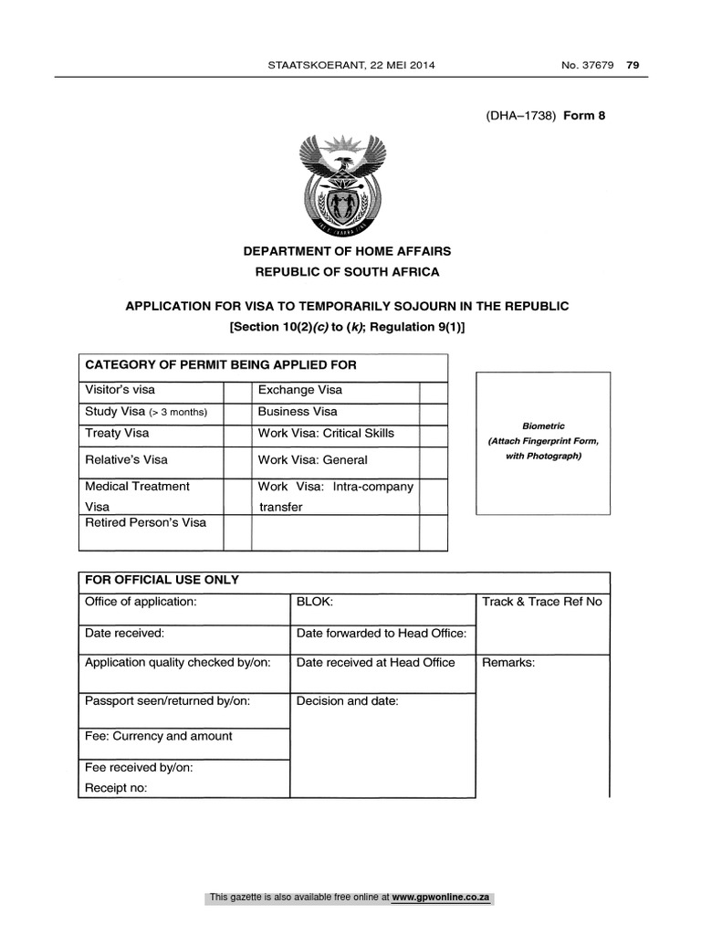 (DHA-1738) Form 8: Department of Home Affairs Republic of South Africa ...