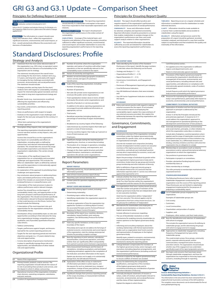 Standard Disclosures: Profi Le: GRI G3 and G3.1 Update - Comparison ...