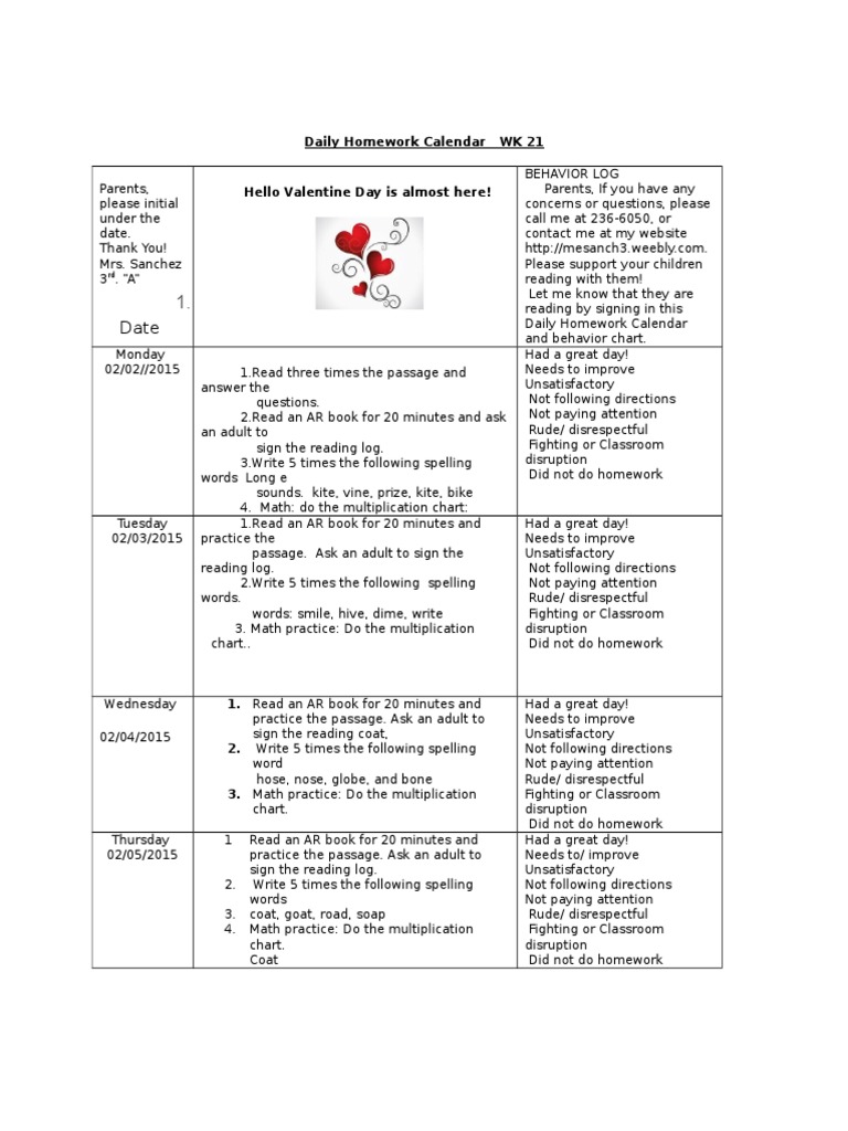 3rd Grade Weekly Homework Calendar | PDF | Language Arts & Discipline