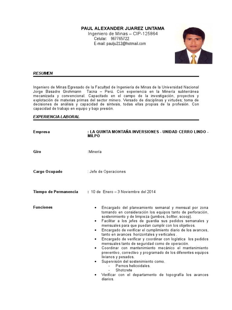 CV Paul Juarez Actualizado | PDF | Minería | Ingeniería