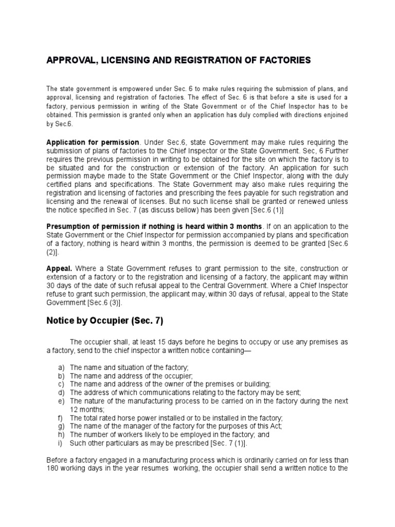 Approval, Licensing And Registration Of Factories: Notice by Occupier ...