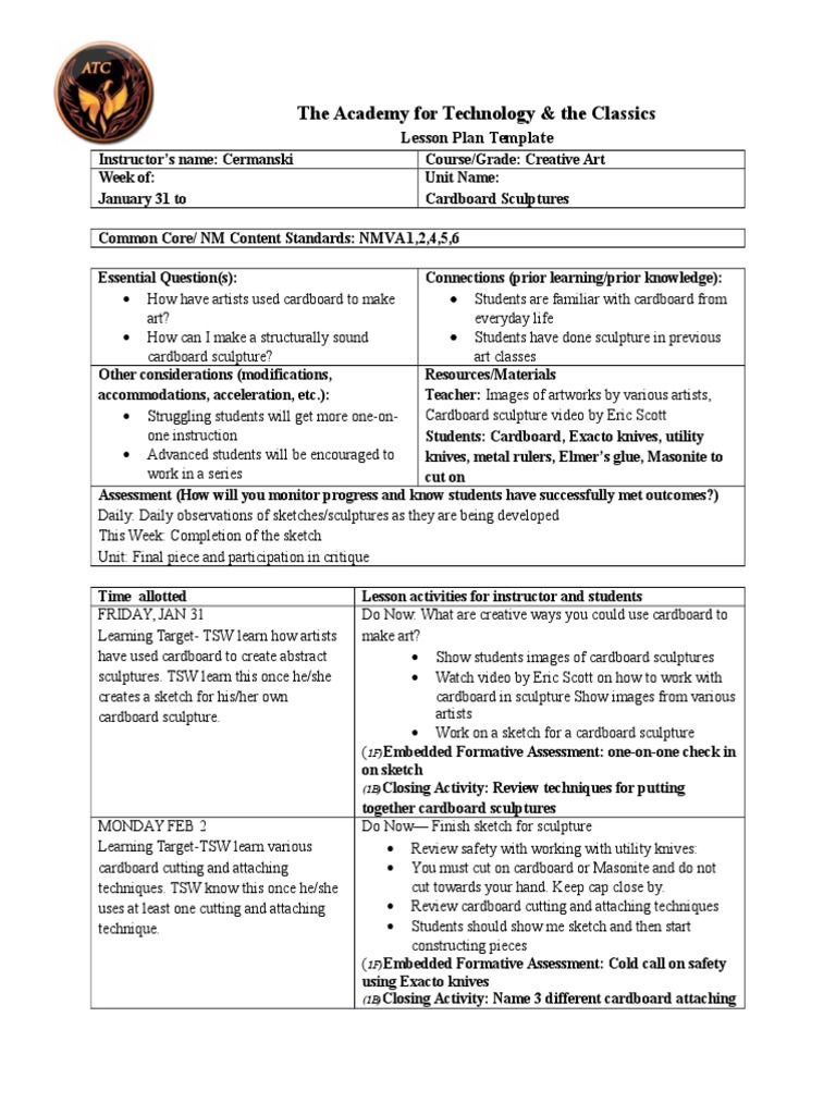 Cardboard Sculpture Lesson Plan | PDF | Educational Assessment ...
