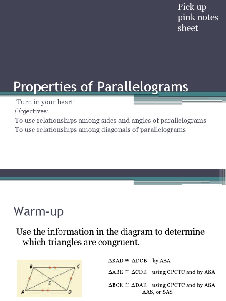 Properties and Theorems of Parallelograms | PDF