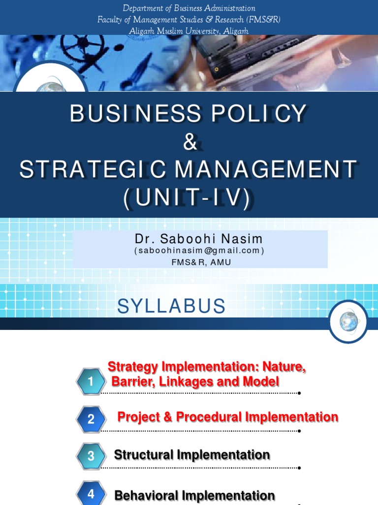 BPSM Unit IV Strategy Implementn 1 | PDF | Implementation | Strategic Management