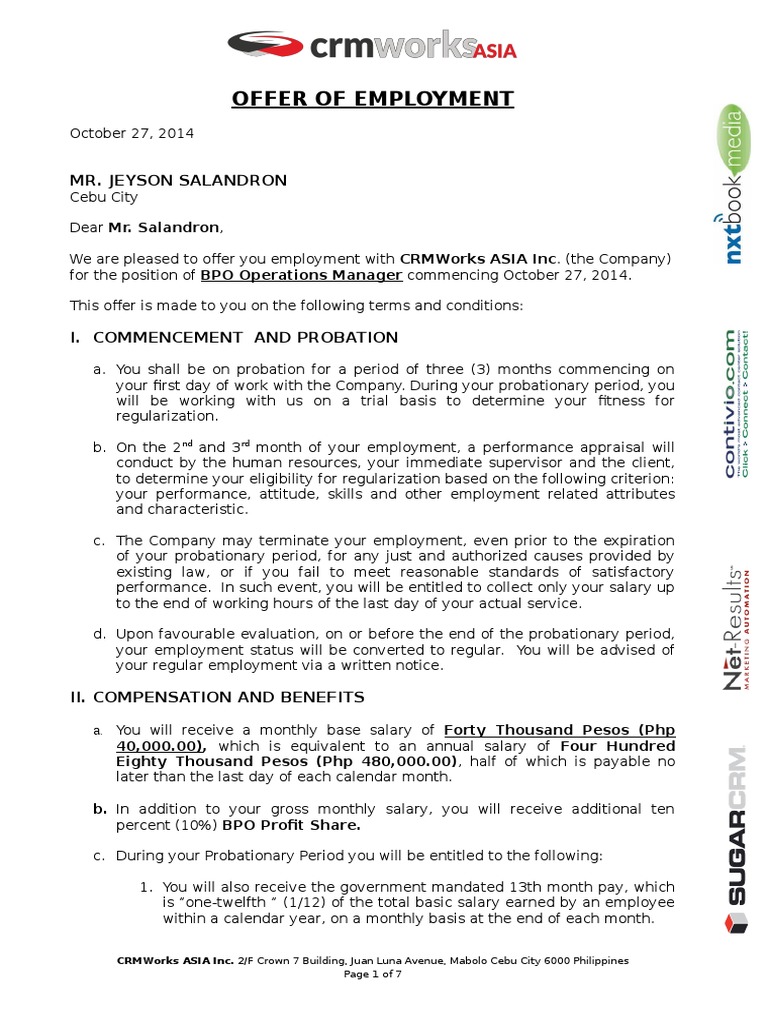 OFFER OF EMPLOYMENT - Version 2 LETTER OFFER | Download Free PDF ...
