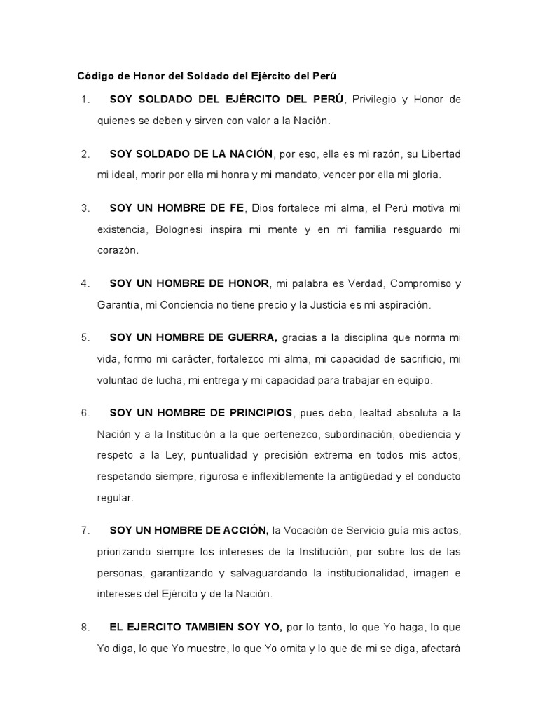 Código de Honor Del Soldado Del Ejército Del Perú | PDF | Liderazgo ...