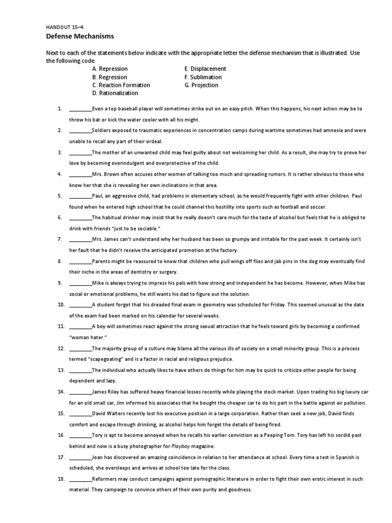 Handout 15-4 Defense Mechanisms | PDF | Alcoholism | Teachers