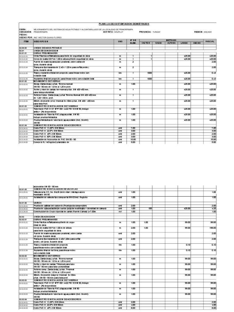 Metrado Linea de Agua Potable | PDF | El hombre hace Materiales | Tubería (transporte de fluidos)