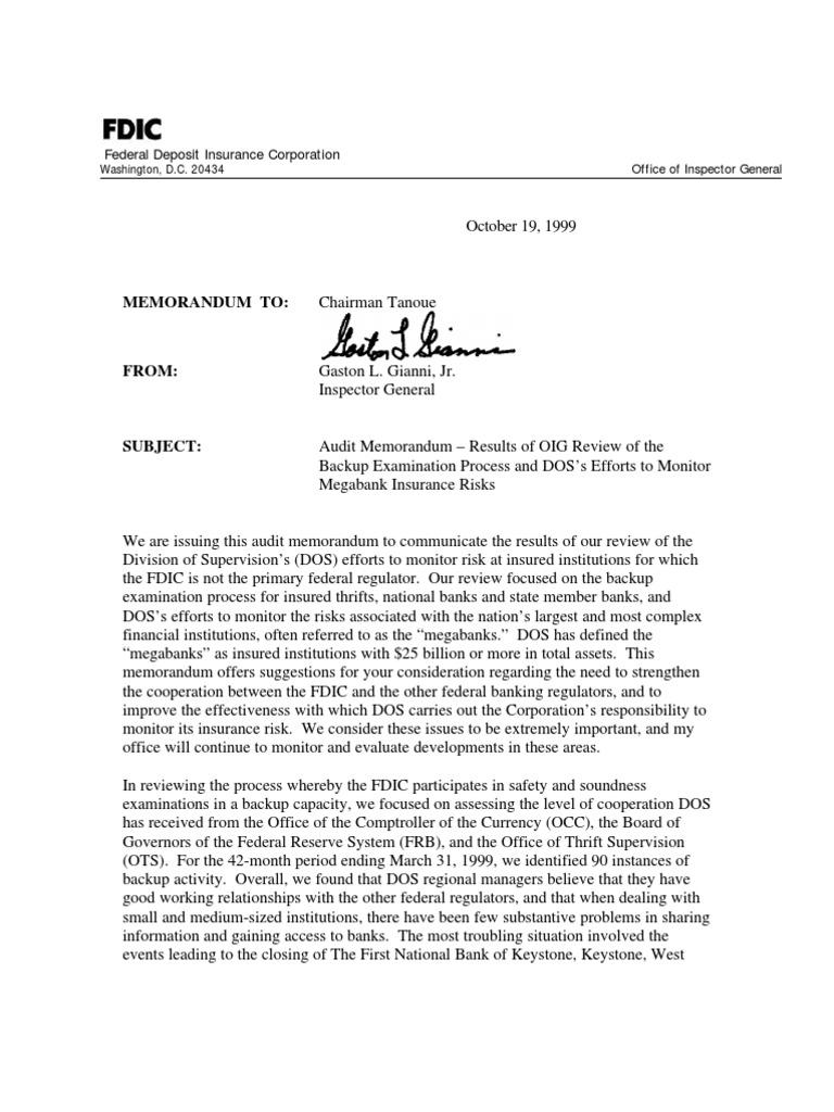 Memo Sample | Federal Deposit Insurance Corporation | Office Of Thrift ...