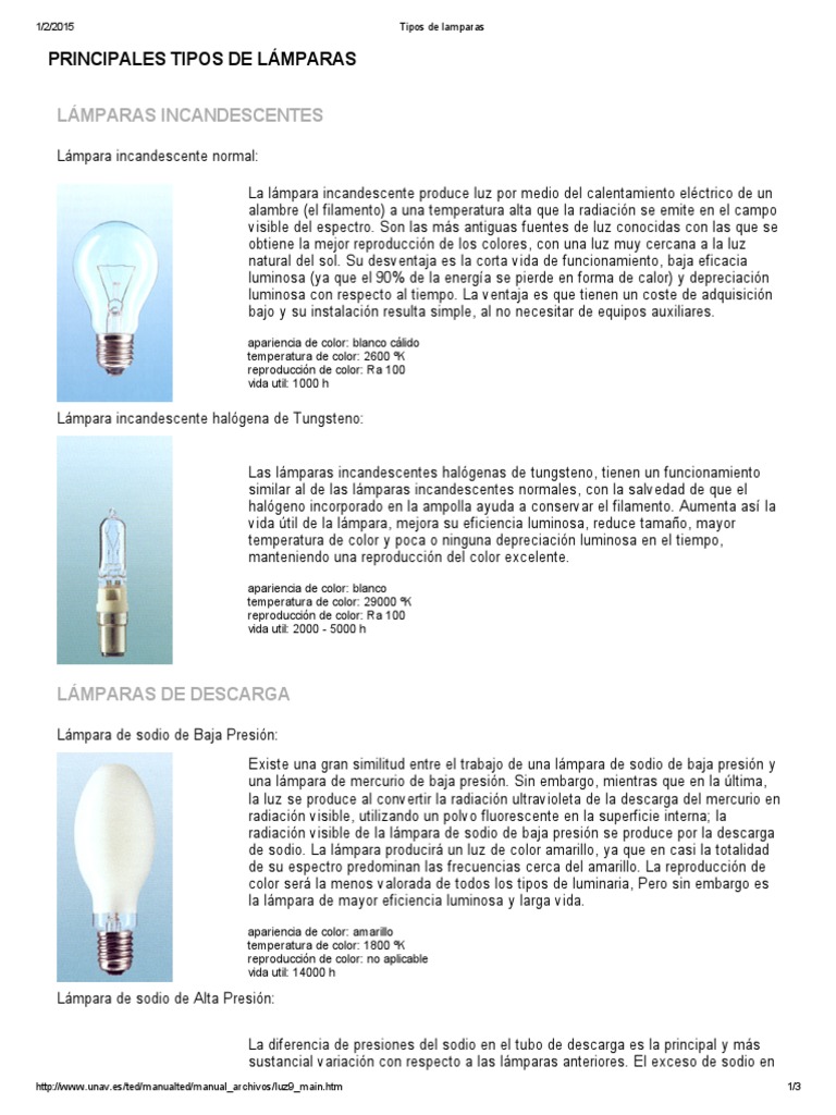 Tipos de Lamparas PDF | PDF | Bombilla incandescente | Color