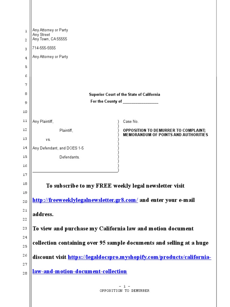 Sample Opposition To Demurrer For California | PDF | Demurrer | Civil ...